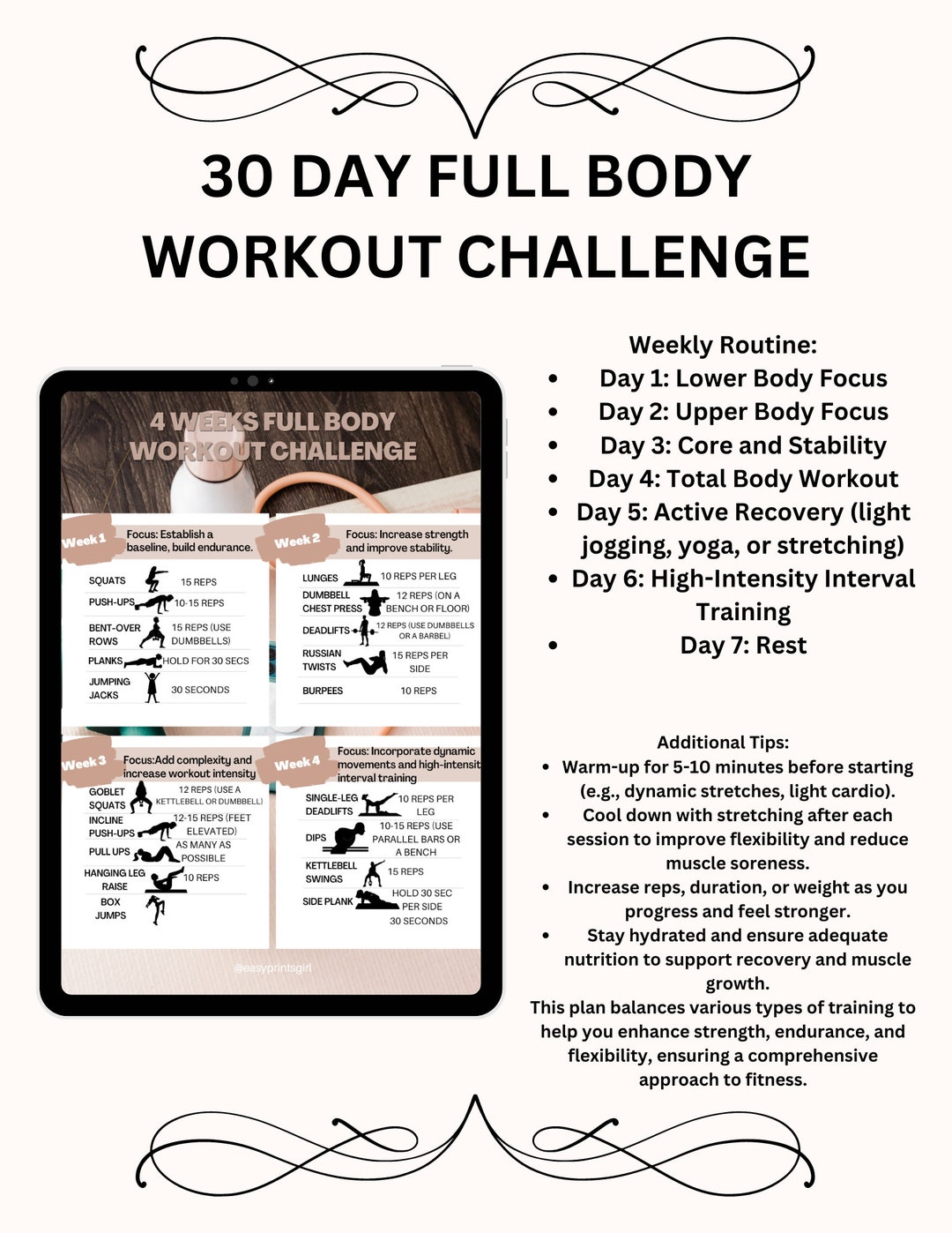 30 Days FULL BODY Workout Plan Print at Home Monthly Workout Plan US ...