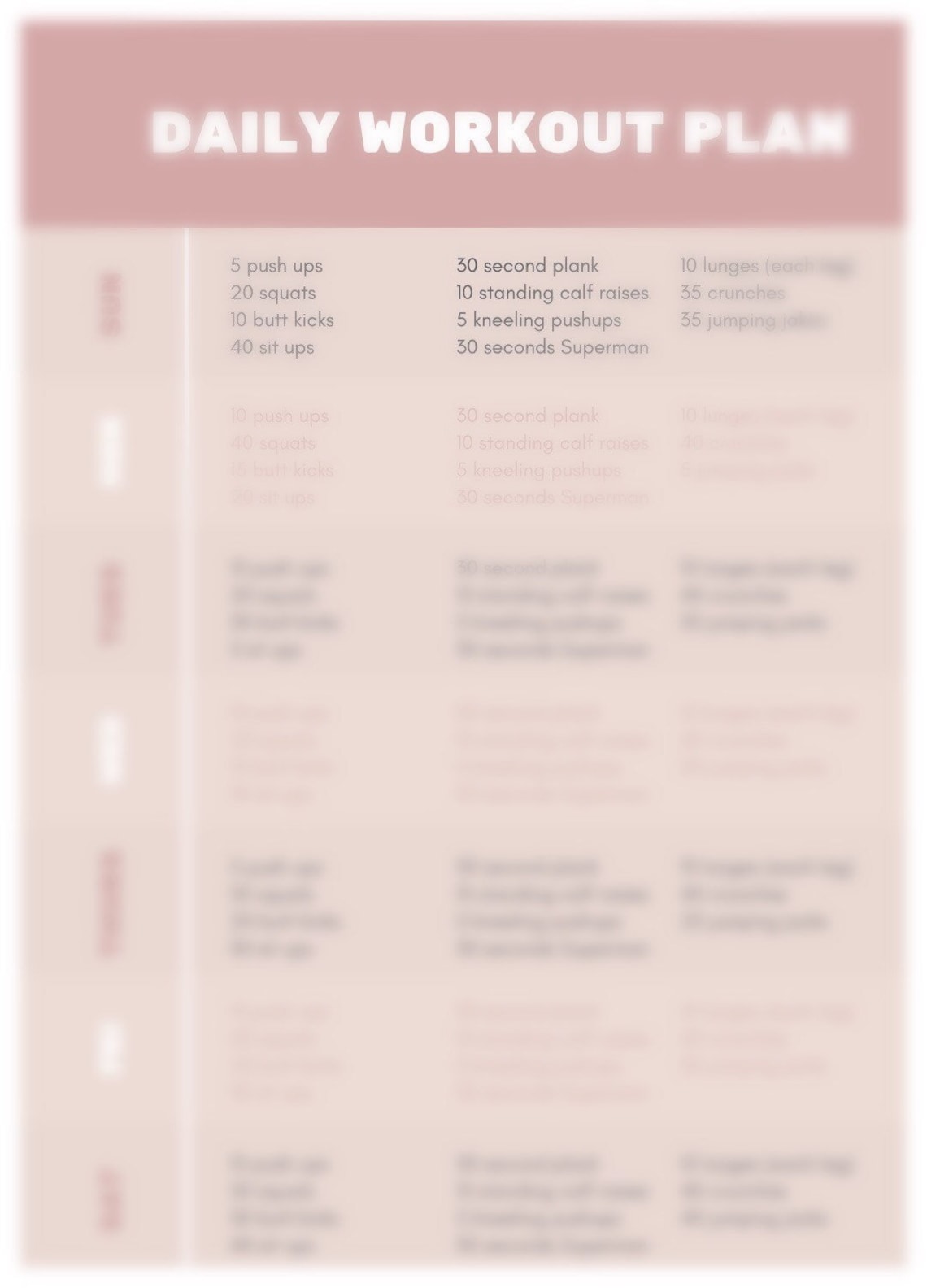 7 Days Workout Plan - Print at Home Weekly Workout Plan - US Letter 8.5 ...