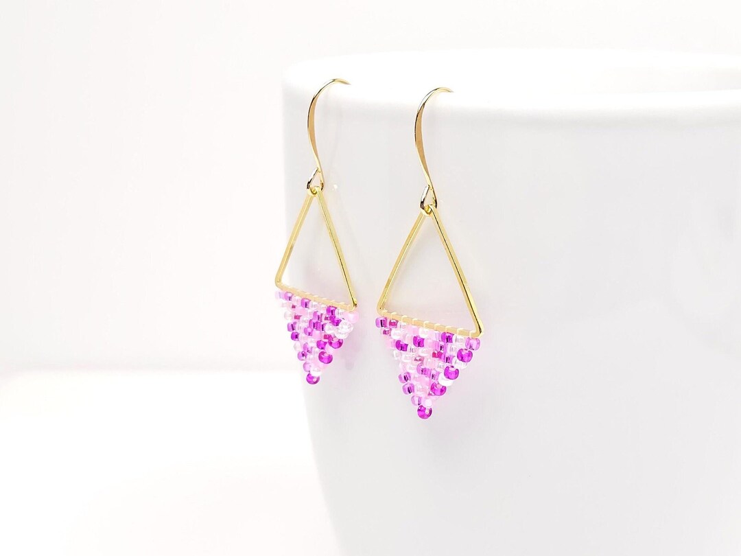 Beaded Triangle Earrings Raspberry Brick Stitch Hand Woven Seed Bead ...