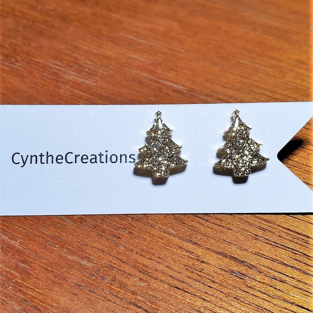 Christmas Tree Stud Earrings, Gold Glitter Minimalist Xmas Tree Resin ...