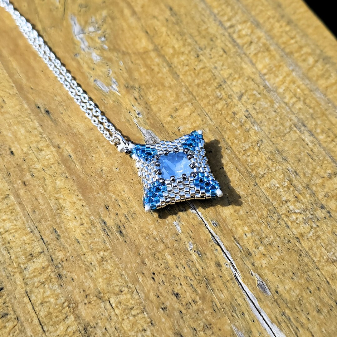 Sky Blue Crystal Beaded Pendant, Cushion Cut Square Crystal, Handmade ...