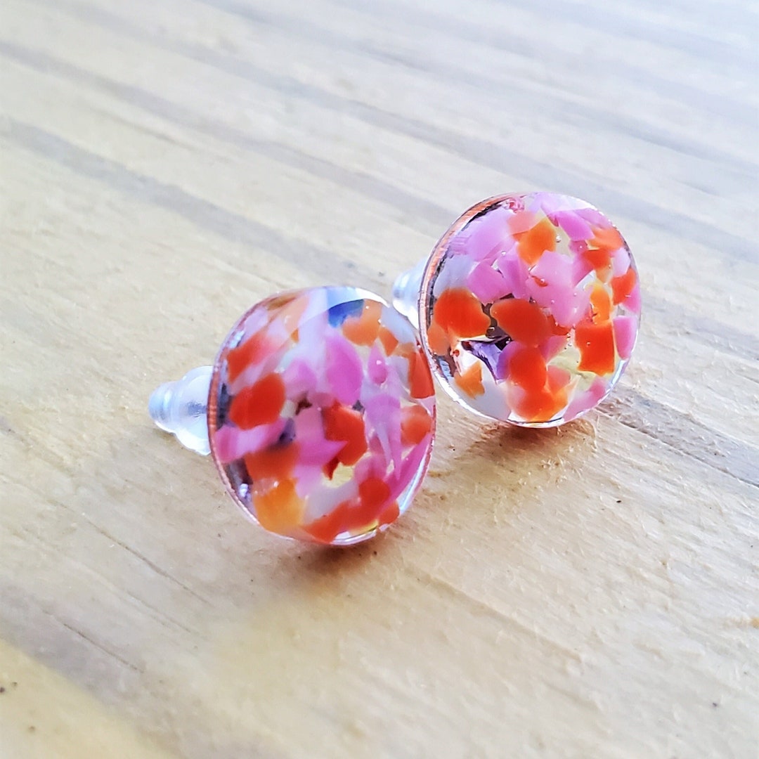 Sunrise Crushed Glass Resin Studs Half Inch Round Frit Glass Stud Earrings Teen Girl Gifts ...