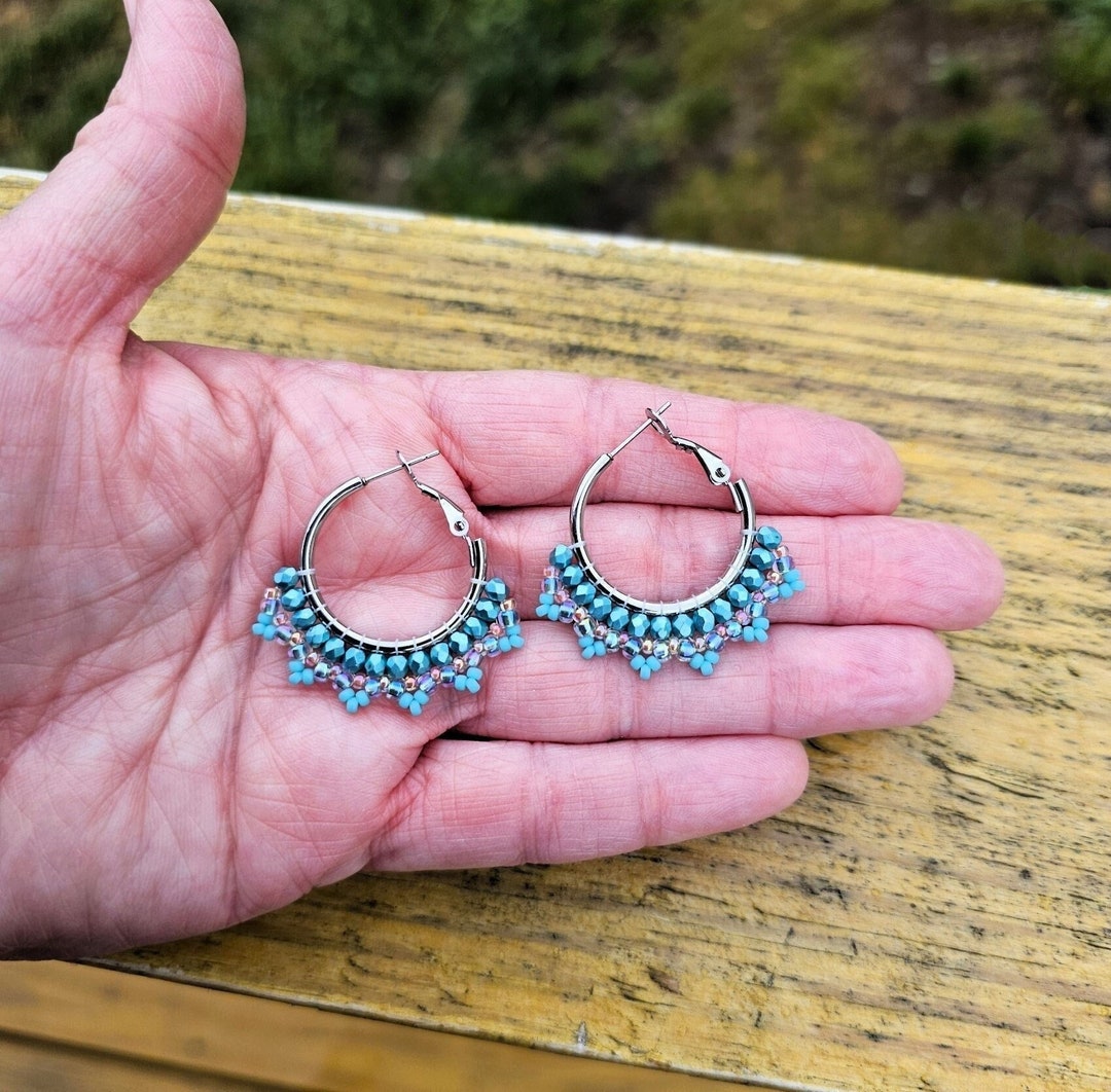 Beaded Hoop Earrings, Seafoam Blue Green Seed Bead Woven Hoops, Boho ...