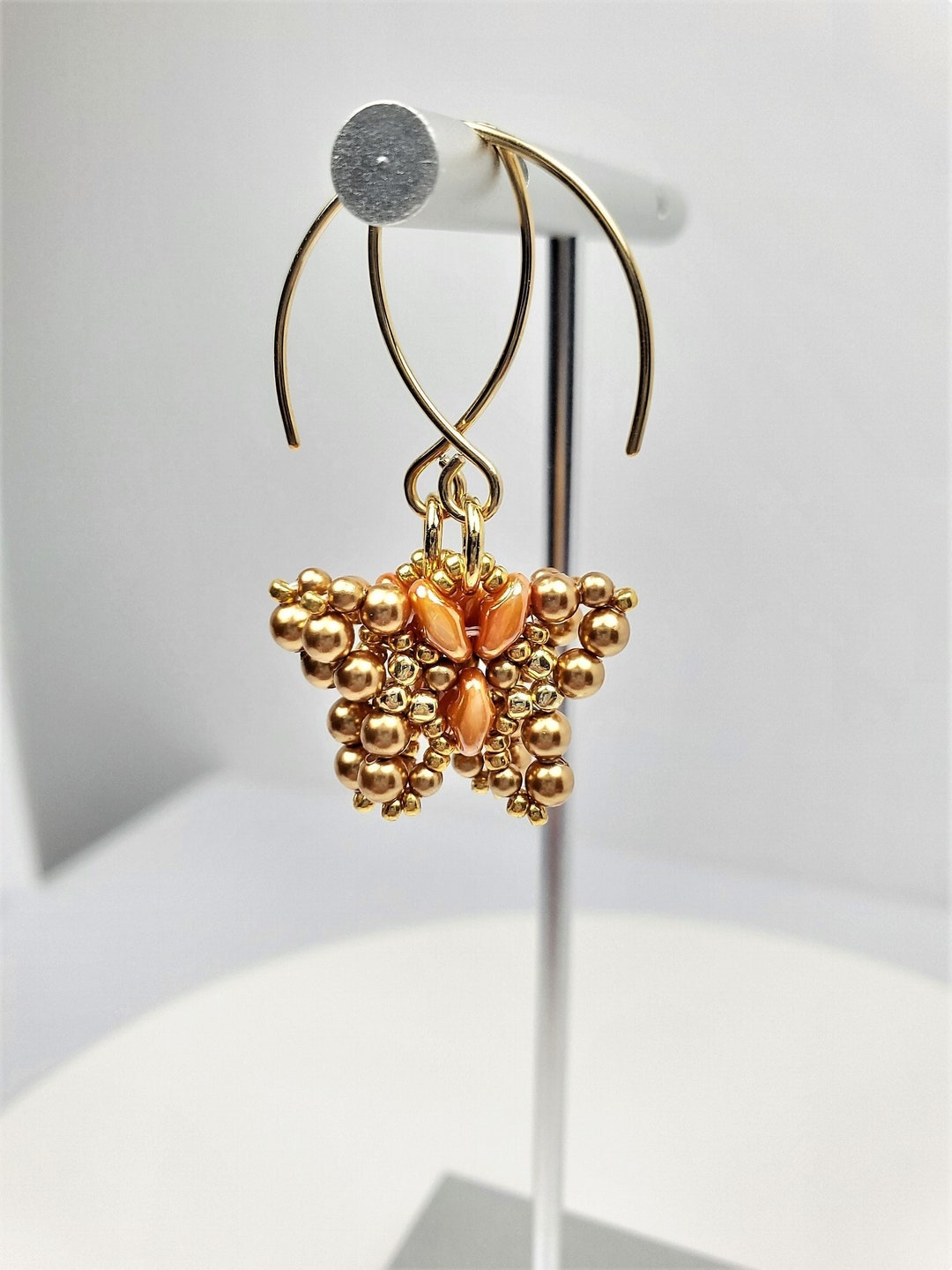 Butterfly Beaded Earrings, Apricot Gold Seed Bead Earrings, Gold Filled ...