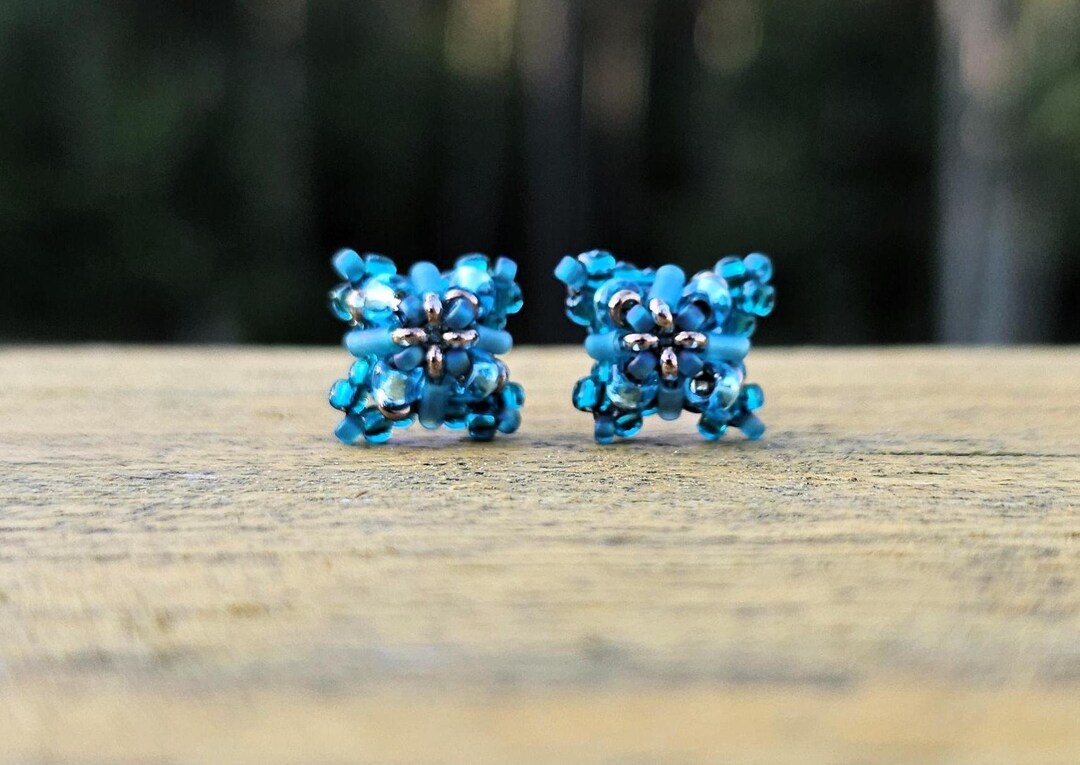 Beaded Stud Earrings, Aqua Teal Handmade Seed Bead Studs, Blue Beadwork ...