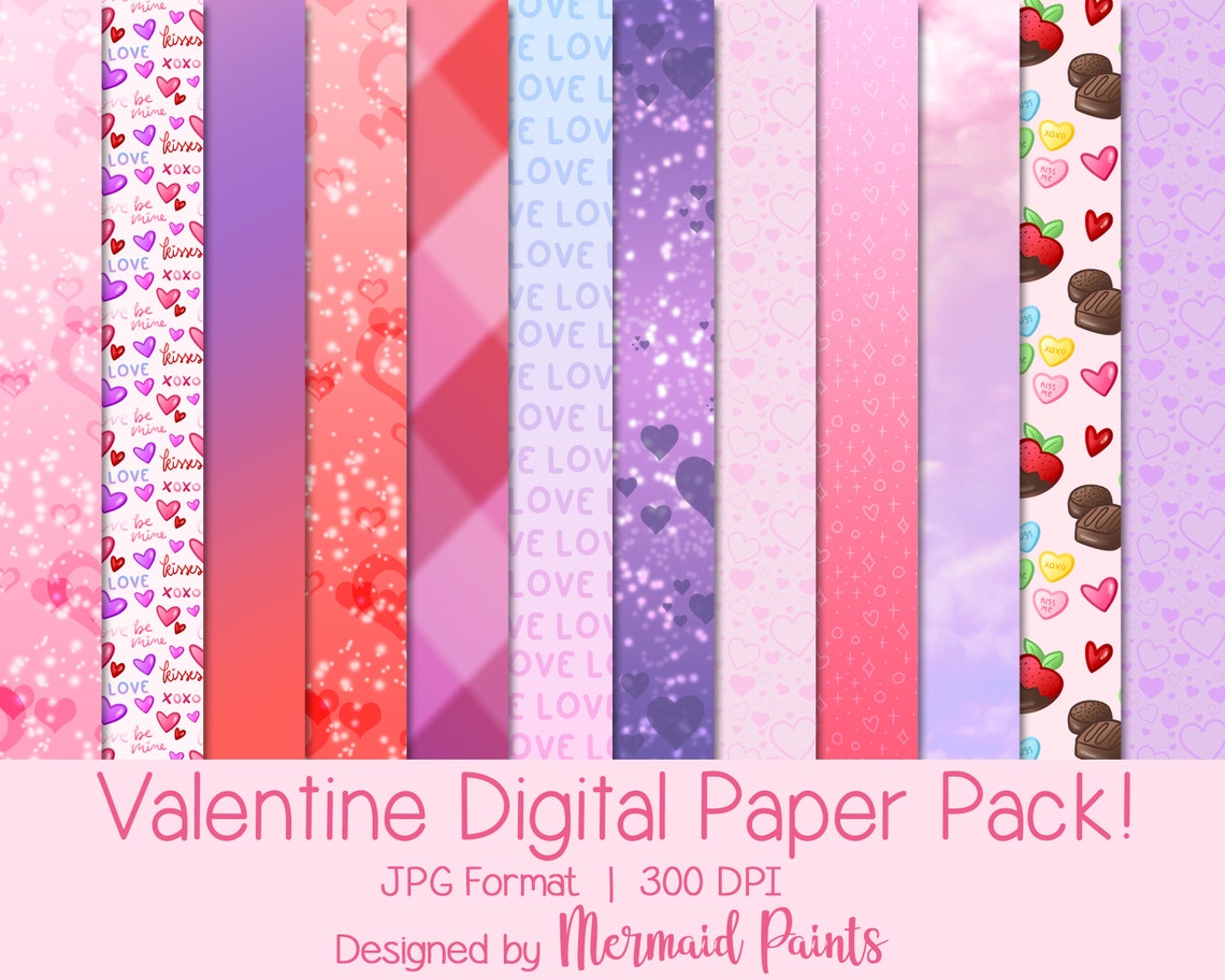 Valentine Paper Pack, 12x12 Scrapbook Paper, 12 Digital Papers, JPG ...