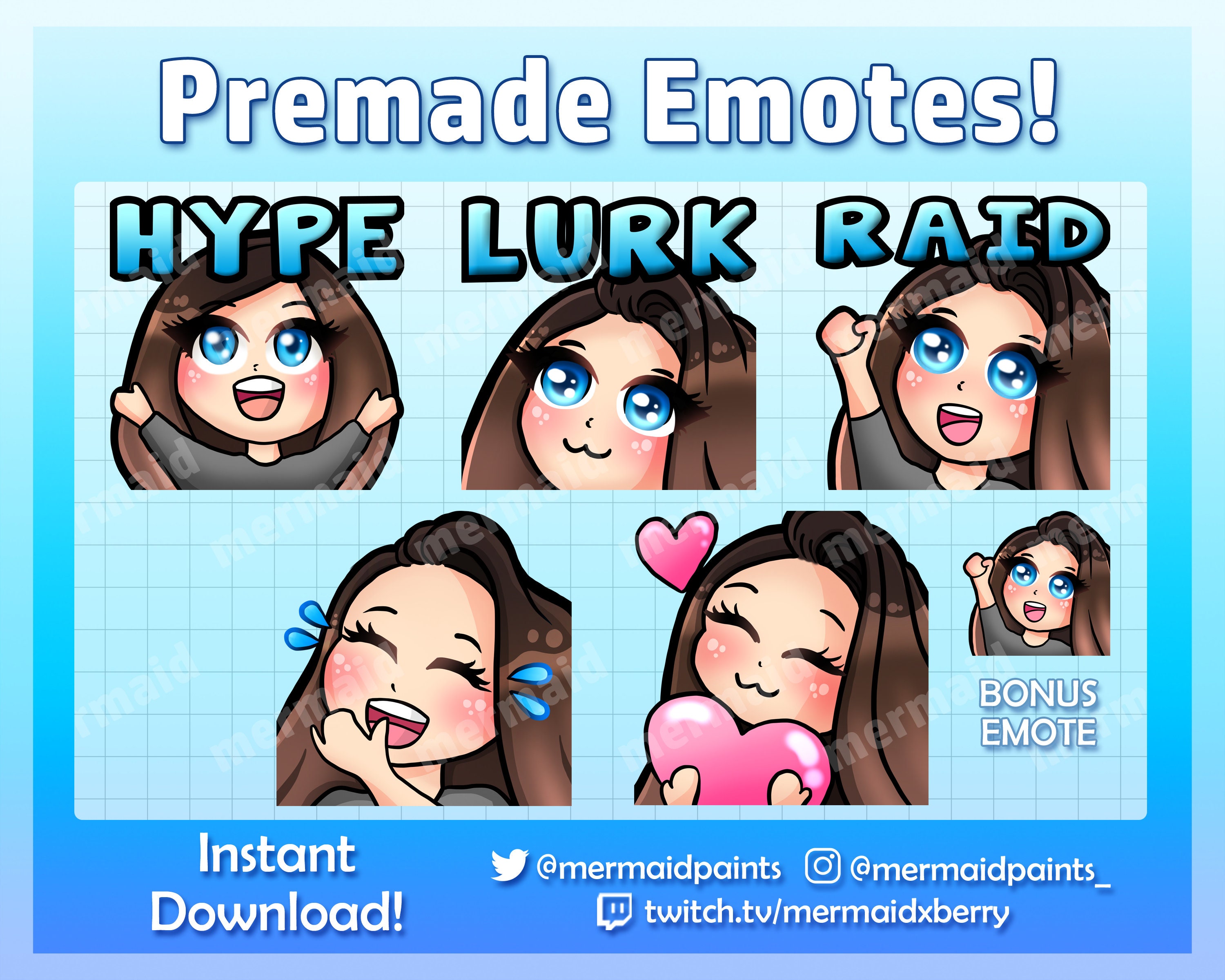 Premade Emote Set Brown Hair, Blue Eyes, Pale Skin, Presized, PNG ...