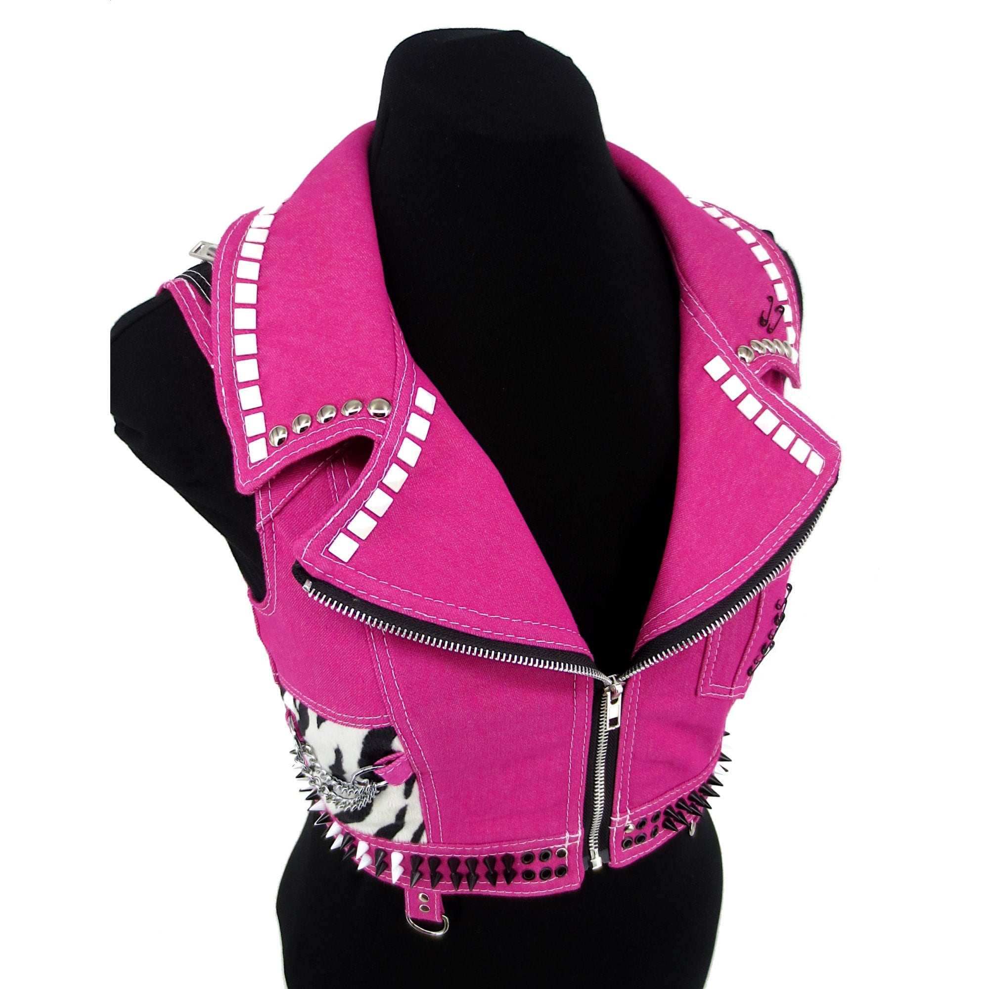 S - Pink Denim Vest With Black and White Details, Handmade, One of a ...