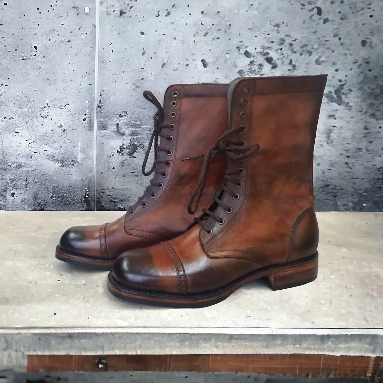 Brown Leather Ankle High Lace up Marching Zip Boots Men's Collection ...