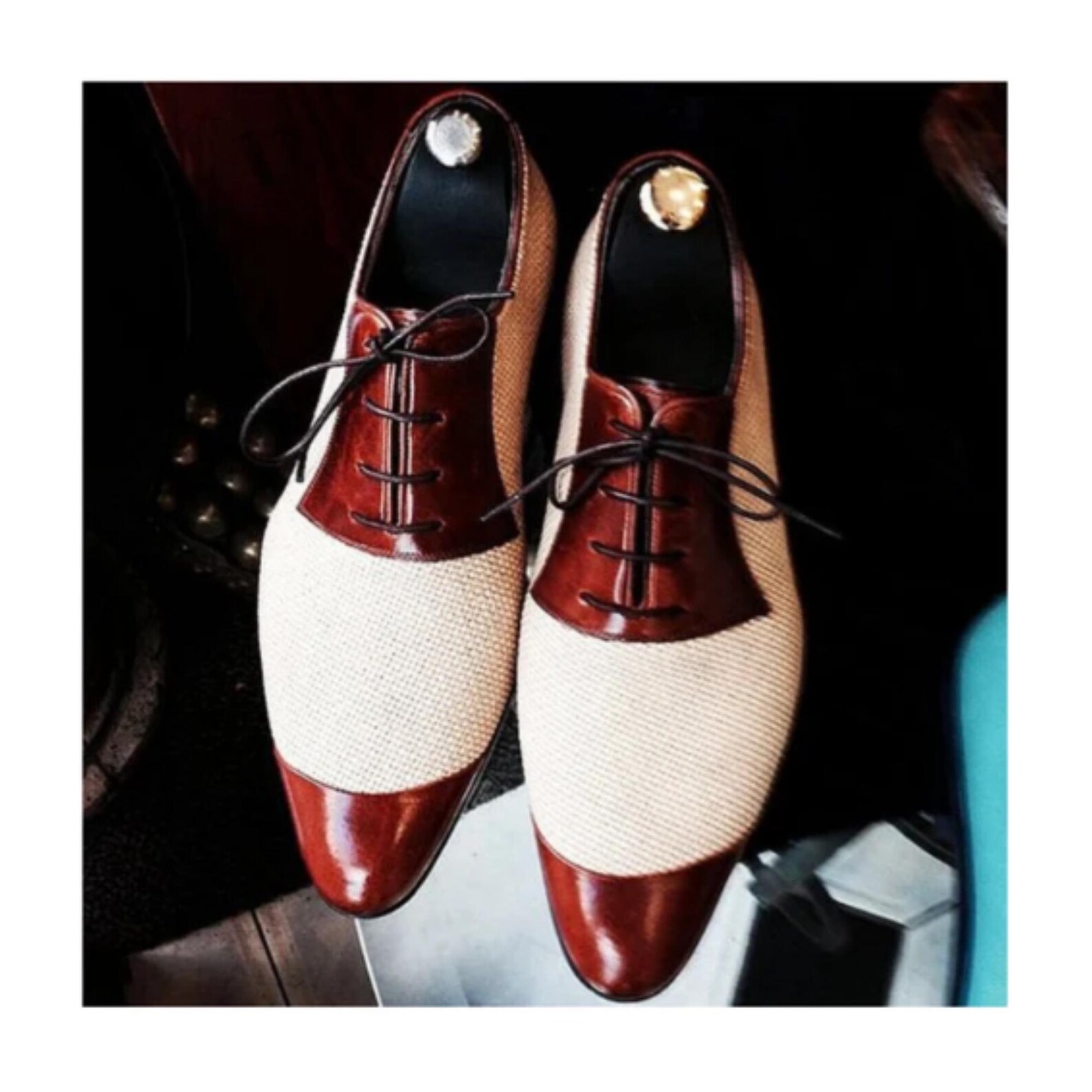Handmade Goodyear Welted Oxford Shoes: Brown Calfskin & White Fabric ...