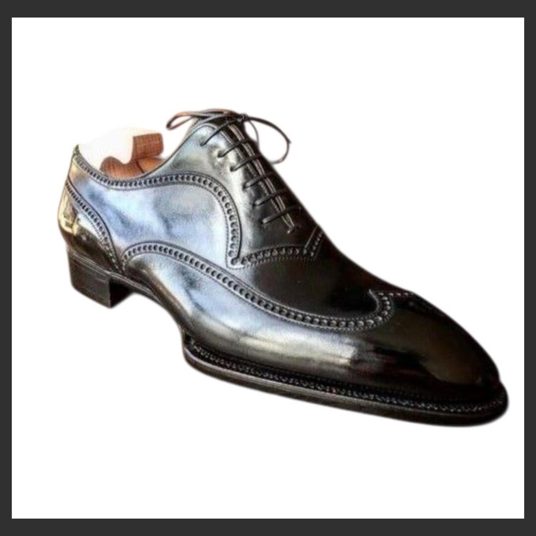 Bespoke Shinny Black Leather Brogue Dress Shoes: Men's Wingtip High ...