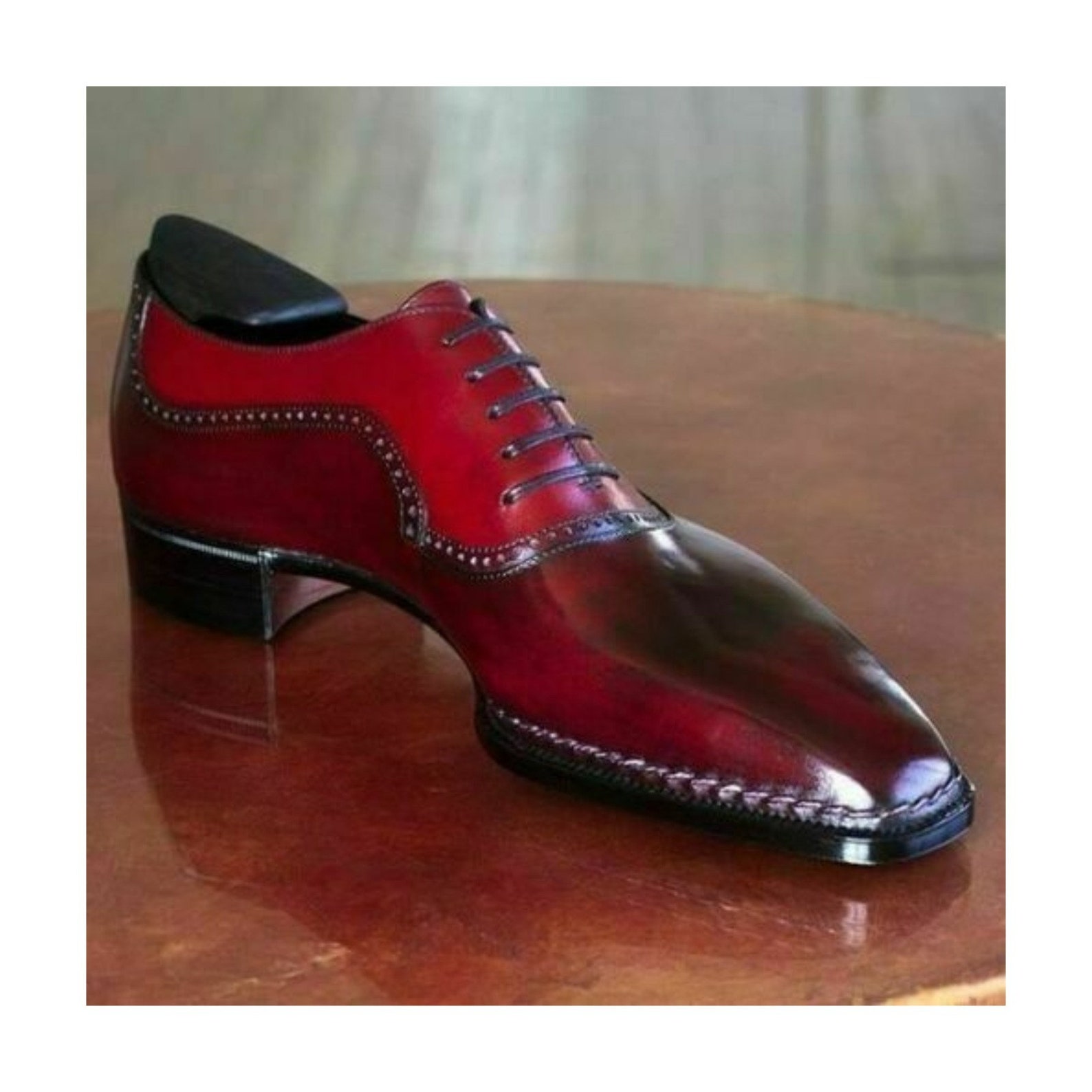 Handmade Cherry Red Leather Oxford Shoes: High Shine Whole Cut Dress ...