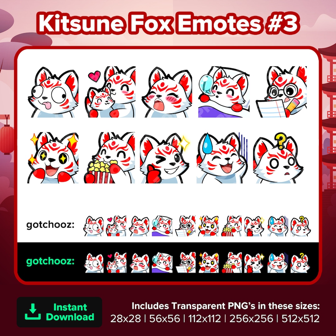 Kitsune Fox Twitch Emotes Derp Hug Gasm Sleep Notes Study Wow Popcorn ...