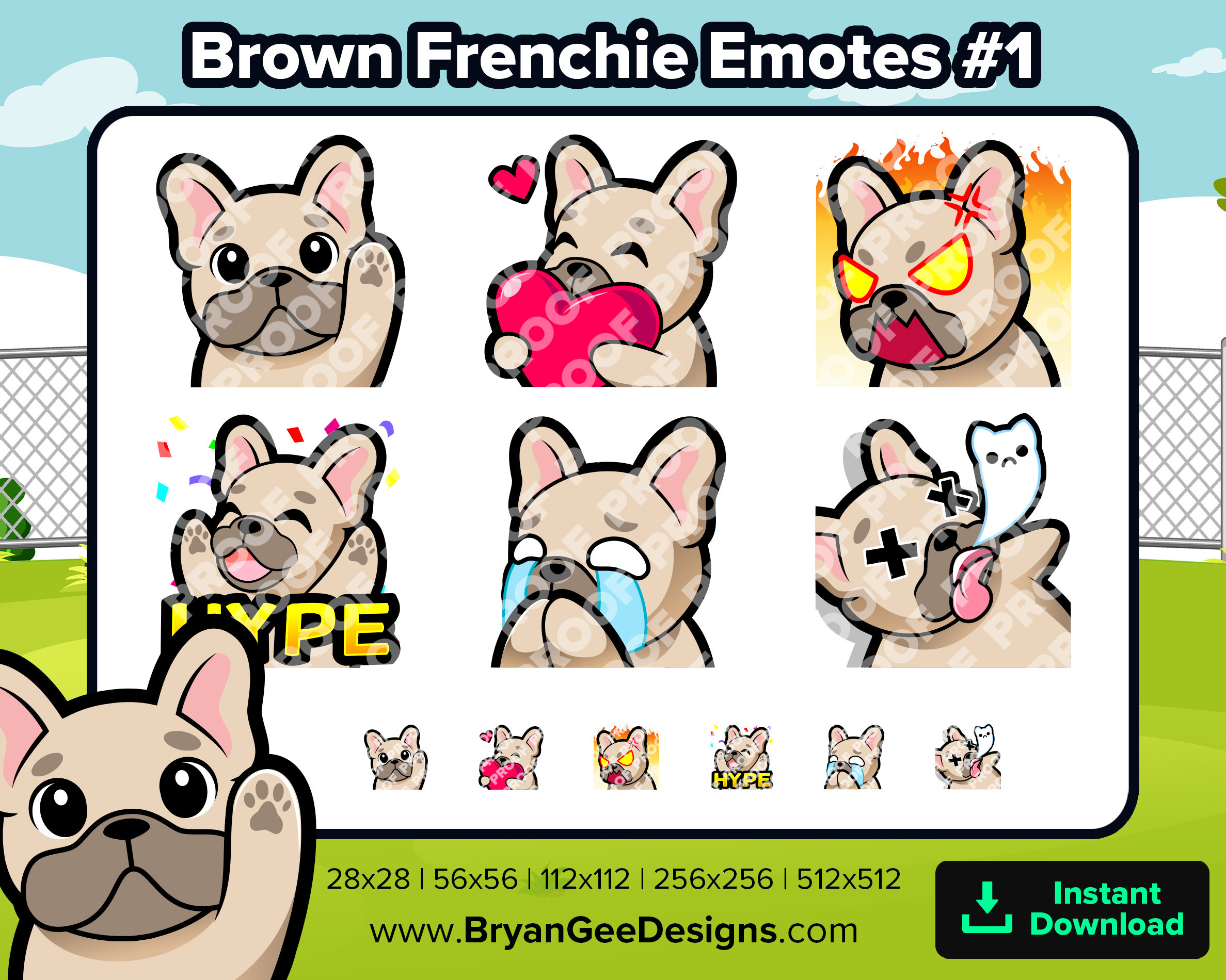 Brown French Bulldog Twitch Emotes Wave Love Heart Rage Angry HYPE Sad ...