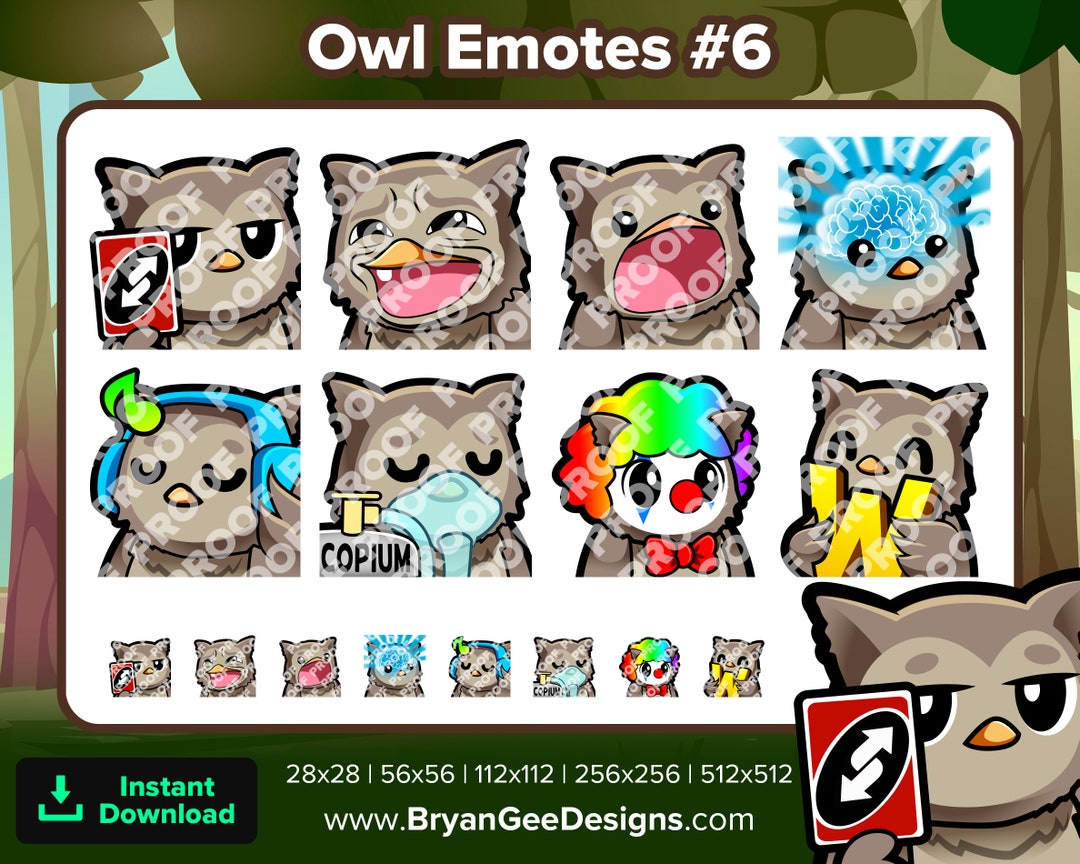Owl Twitch Emotes Uno Reverse KEKW Gasp Big Brain Music Copium Clown W ...
