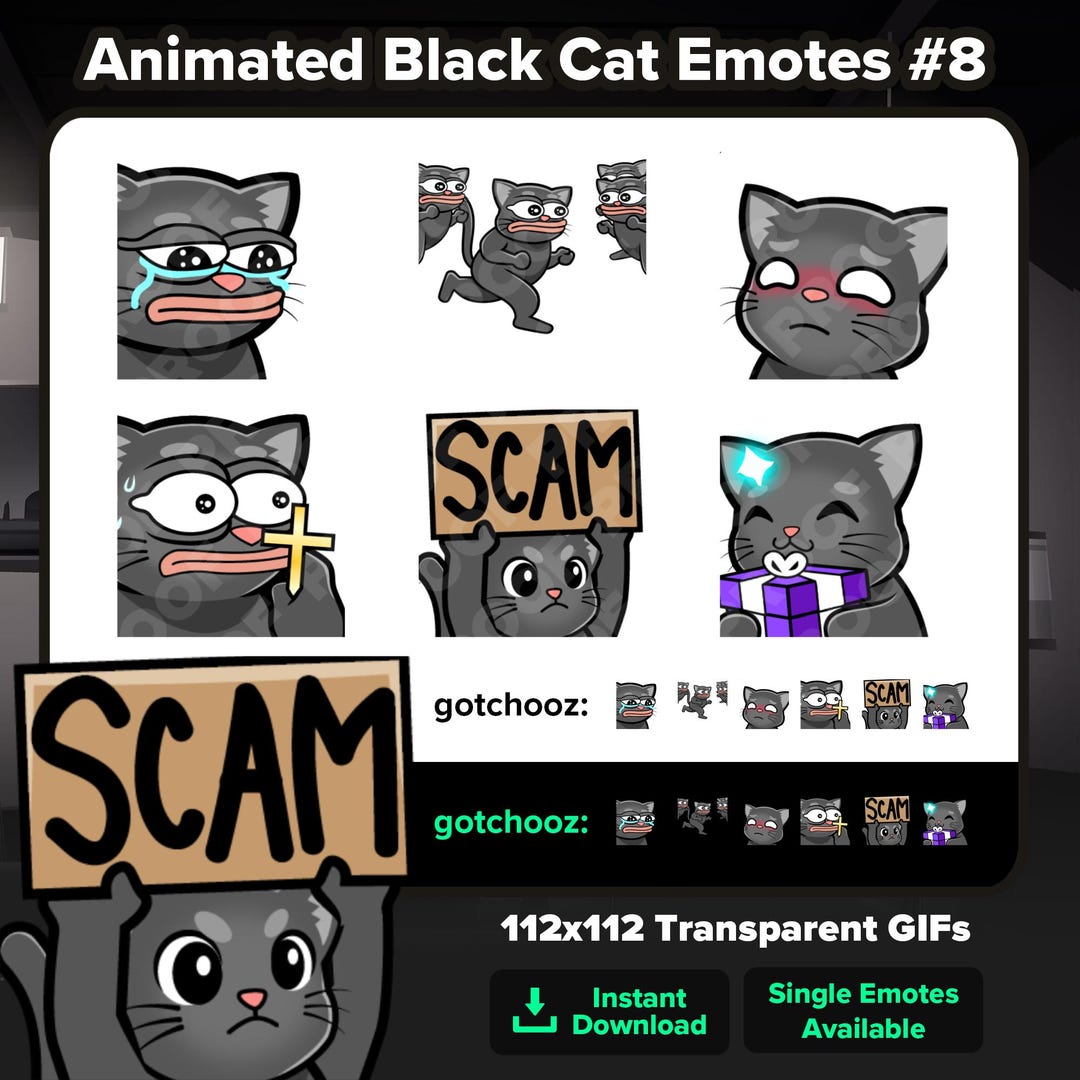Animated Black Cat Twitch Emotes Why, Scatter, Bonk, Cross, Scam ...