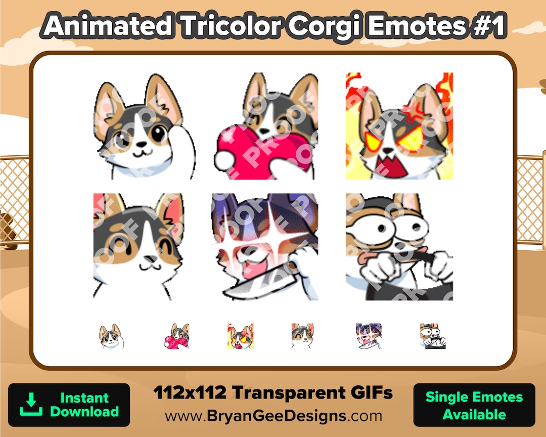 Animated Tricolor Corgi Twitch Emotes Wave Love Heart Rage Angry Jam ...