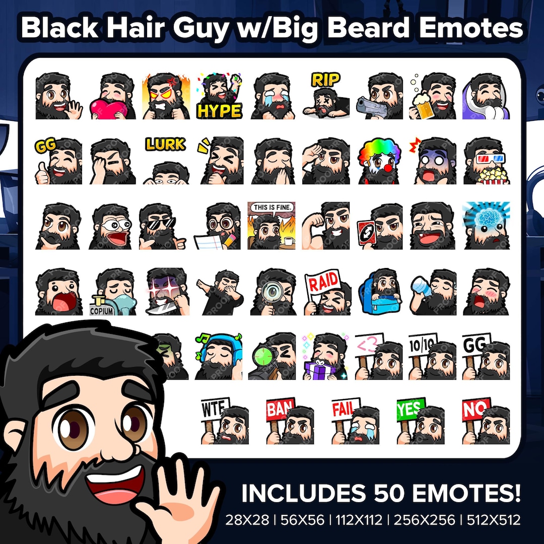 Black Hair Guy With Big Beard Twitch Emotes MEGA Bundle for Streaming ...
