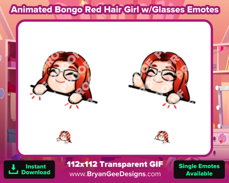 Animated Bongo Red Hair Girl With Glasses Emotes for Twitch or - Etsy