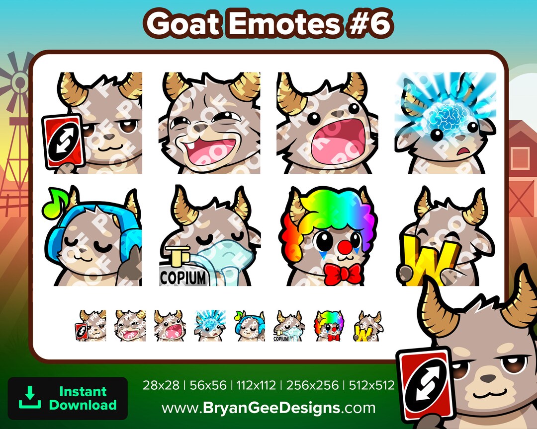 Goat Twitch Emotes Uno Reverse KEKW Gasp Big Brain Music Copium Clown W ...