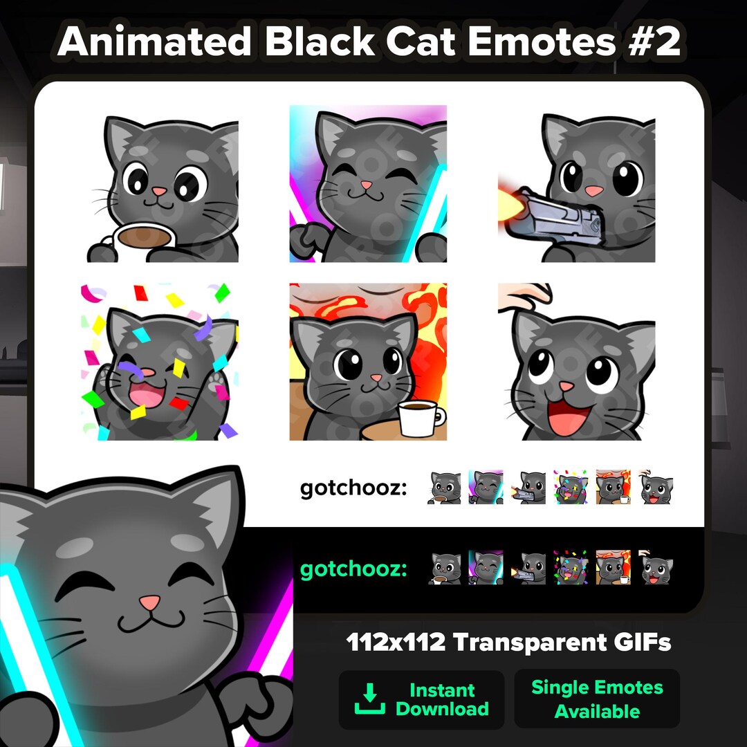 Animated Black Cat Emotes Pack #2 | Sip, Rave, Shoot, Hype, Head, Pat ...