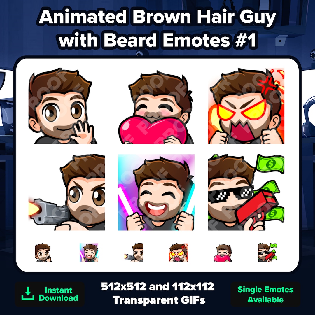 Animated Brown Hair Guy With Beard Twitch Emotes Wave Love Rage Money ...