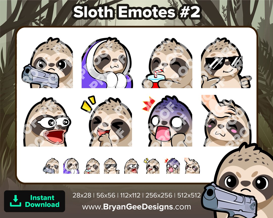 Sloth Twitch Emotes Gun Cozy SIP Cool POG LUL Scared Head Pat for ...