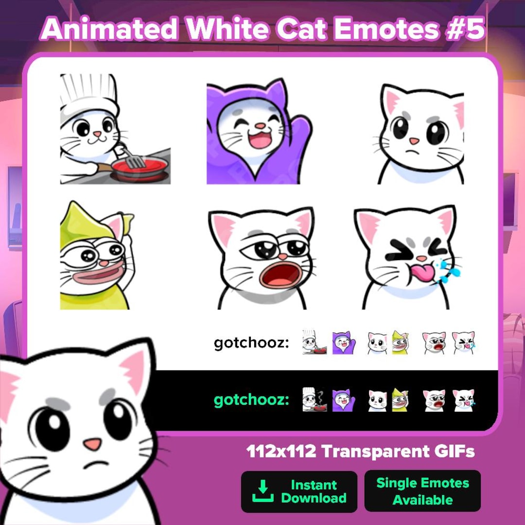 Animated White Cat Twitch Emotes Let Them Cook, Blankie, Salute ...