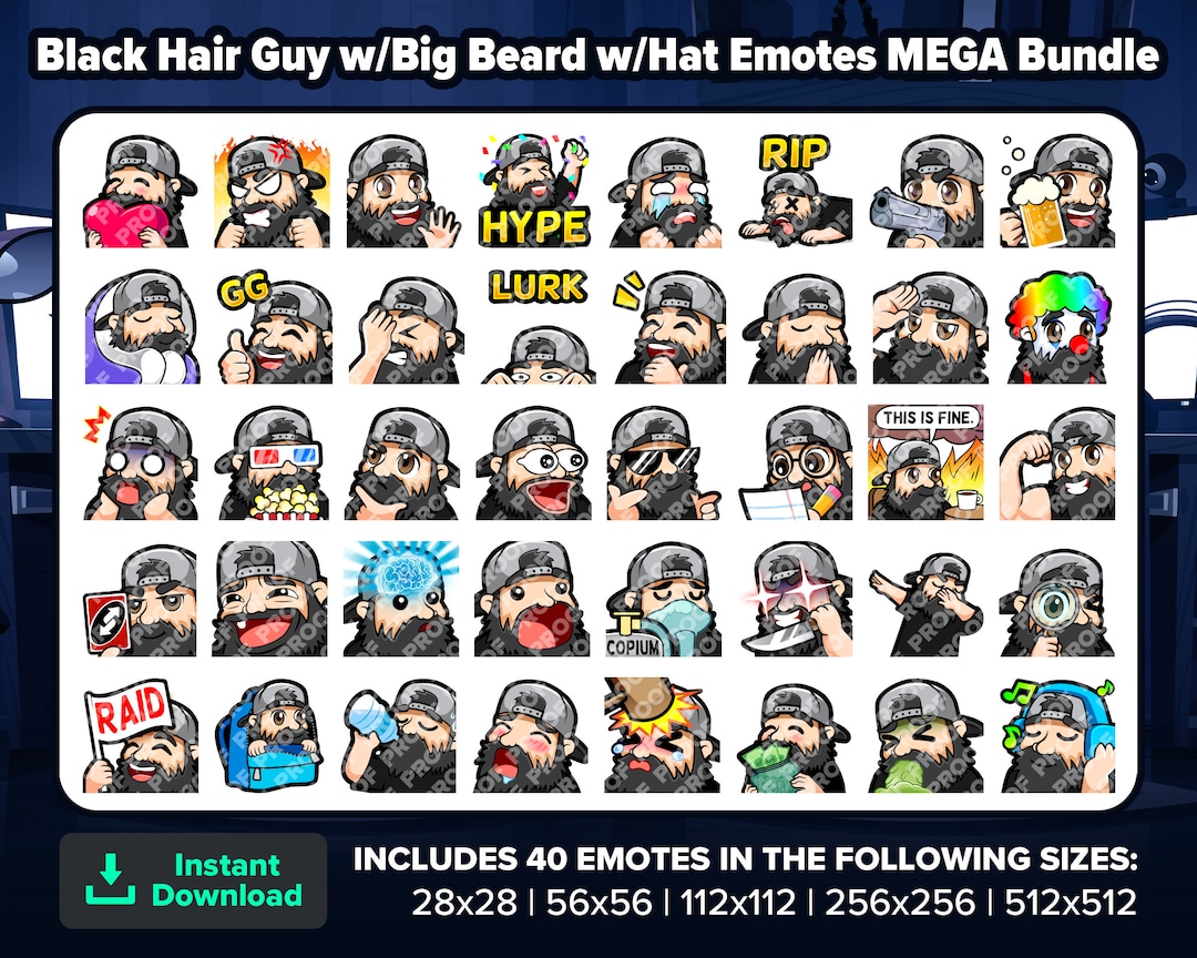 Black Hair Guy With Big Beard With Hat Twitch Emotes MEGA Bundle for ...