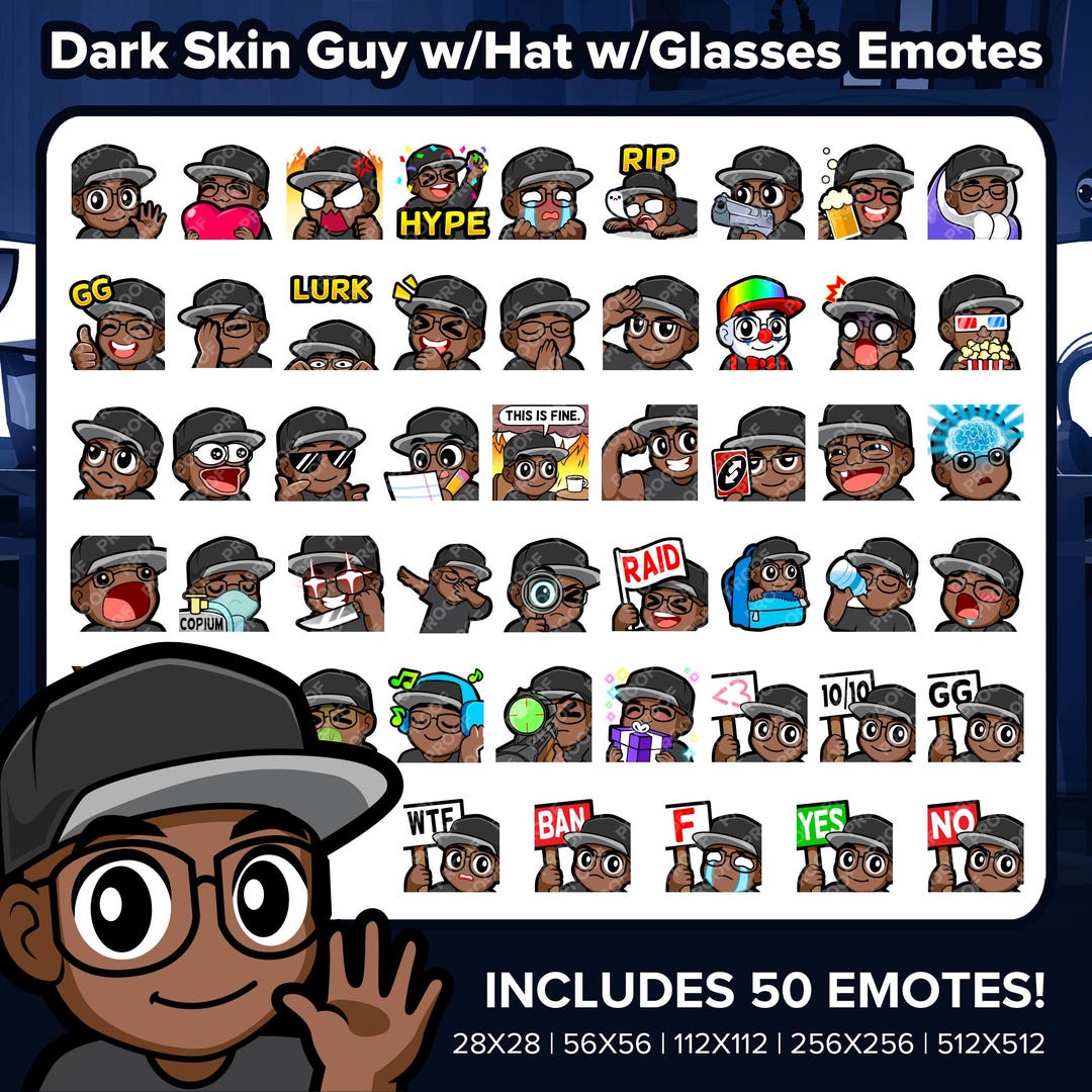 Dark Skin Guy With Hat and Glasses Twitch Emotes MEGA Bundle for ...