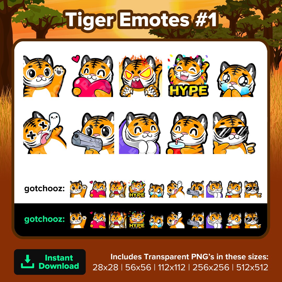 Tiger Twitch Emotes Wave Love Heart Rage Angry HYPE Sad Cry RIP Gun ...