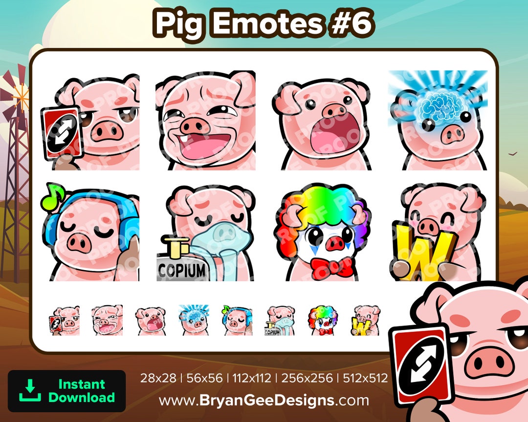 Pig Twitch Emotes Uno Reverse KEKW Gasp Big Brain Music Copium Clown W ...