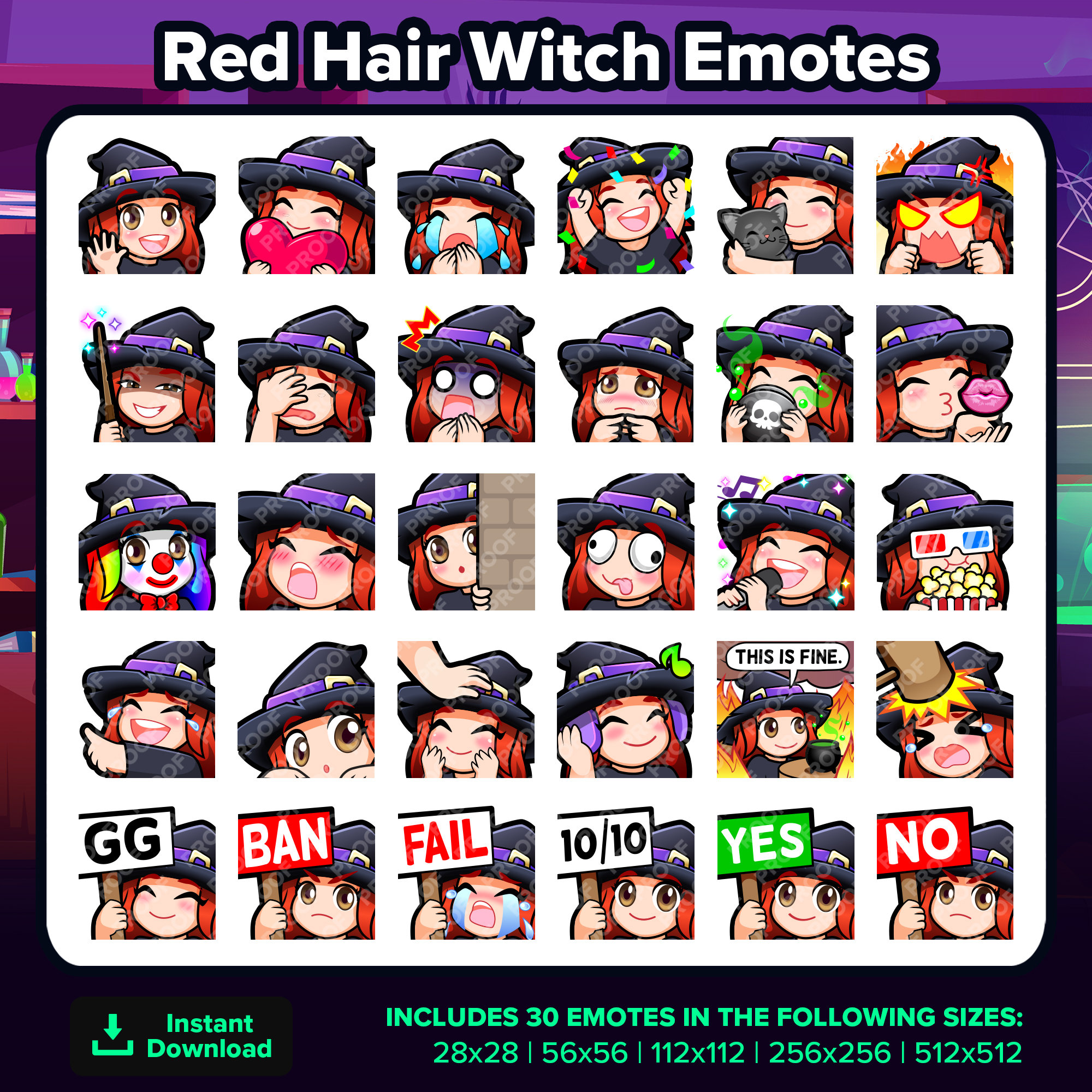 Red Hair Witch Twitch Emotes MEGA Bundle for Streaming, Youtube Emotes ...