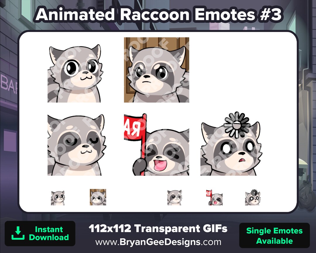 Animated Raccoon Twitch Emotes Big Eyes, Leave, Lurk, Nodders, RAID ...