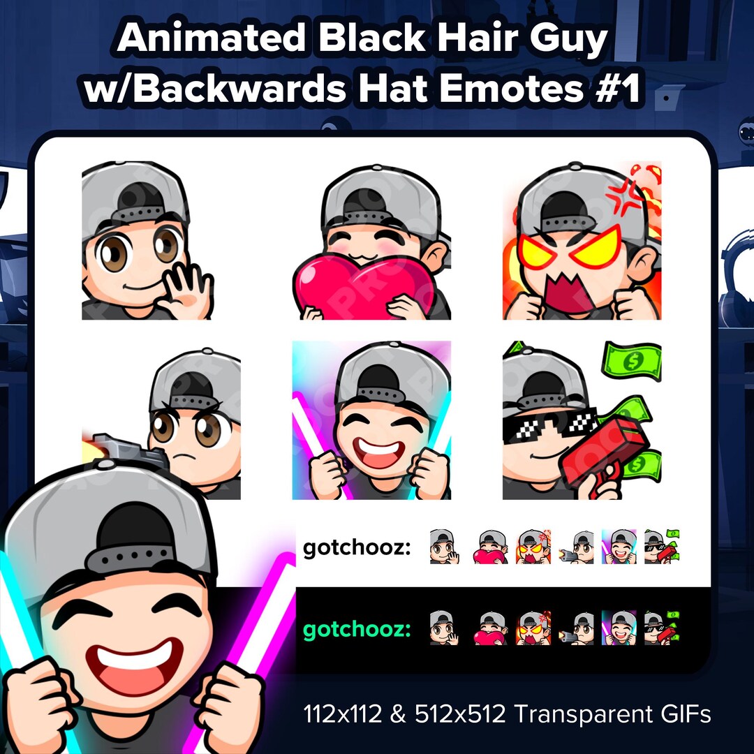 Animated Black Hair Guy With Backwards Hat Twitch Emotes Wave Love Rage ...