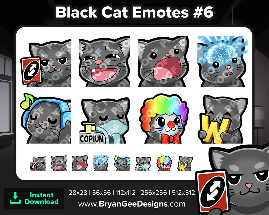 Black Cat Twitch Emotes Uno Reverse KEKW Gasp Big Brain Music Copium ...