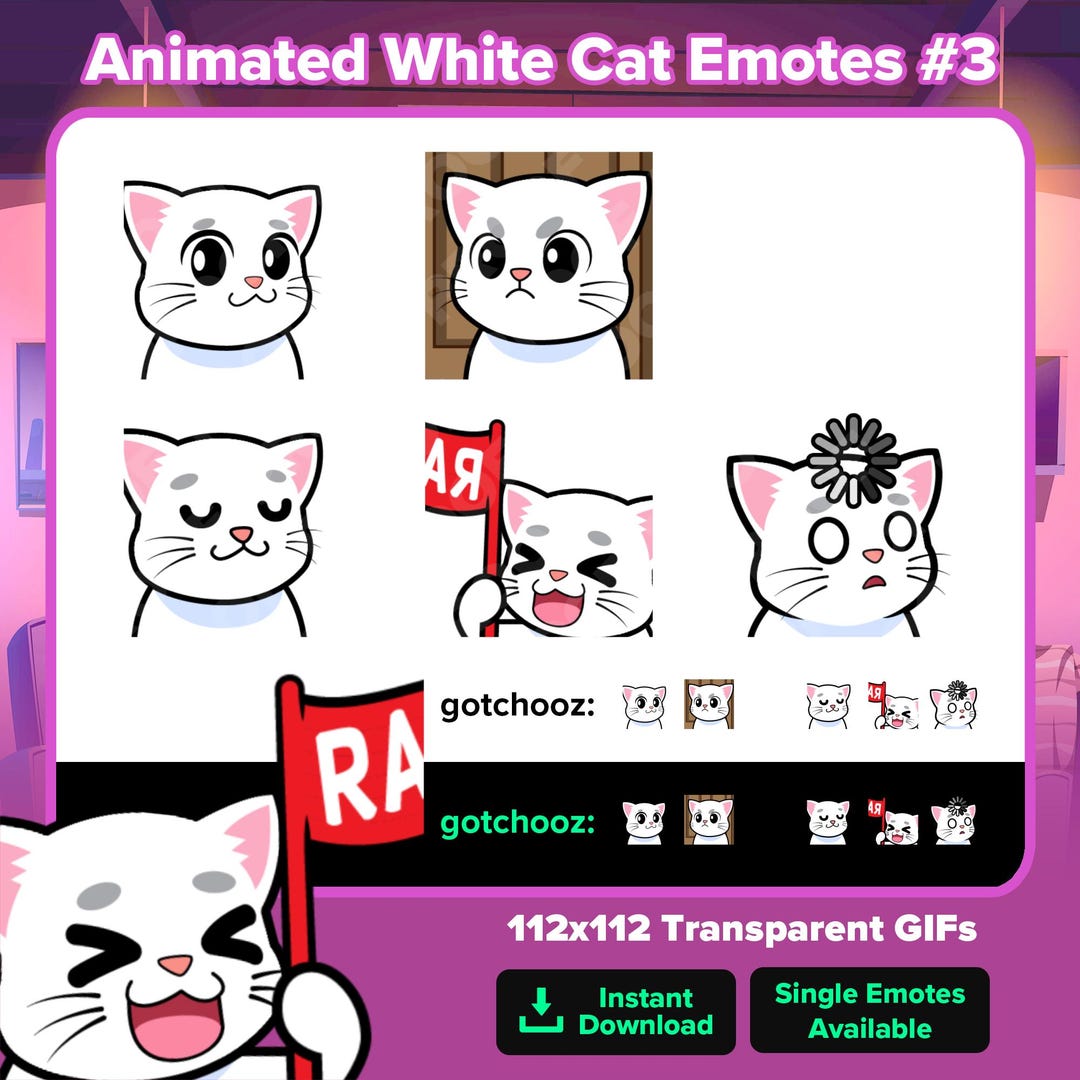 Animated White Cat Emotes Pack #3 | Booba, Leave, Lurk, Nodders, Raid ...