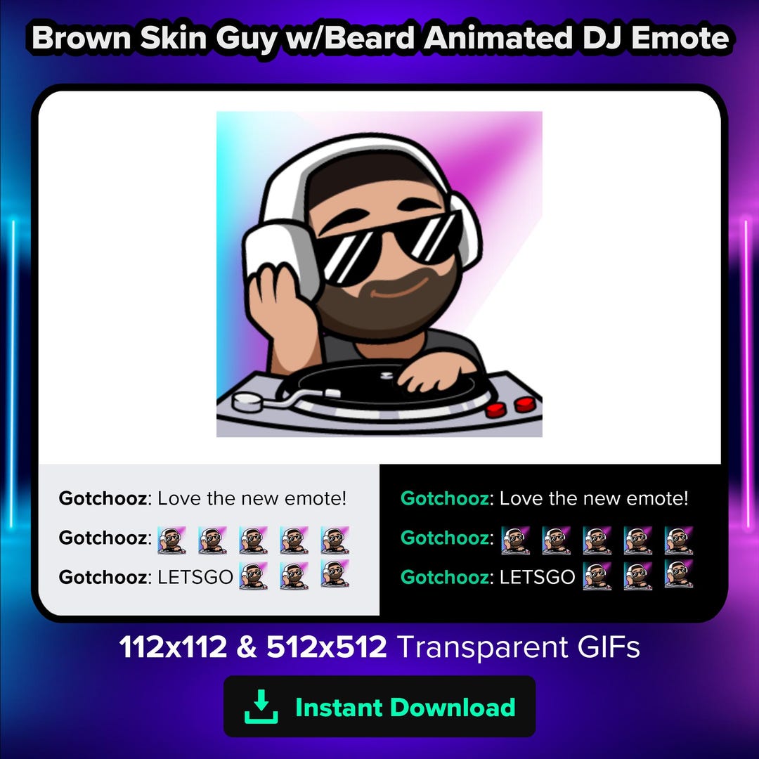 Animated Brown Skin Guy With Beard DJ Emote for Twitch, Discord, Kick ...