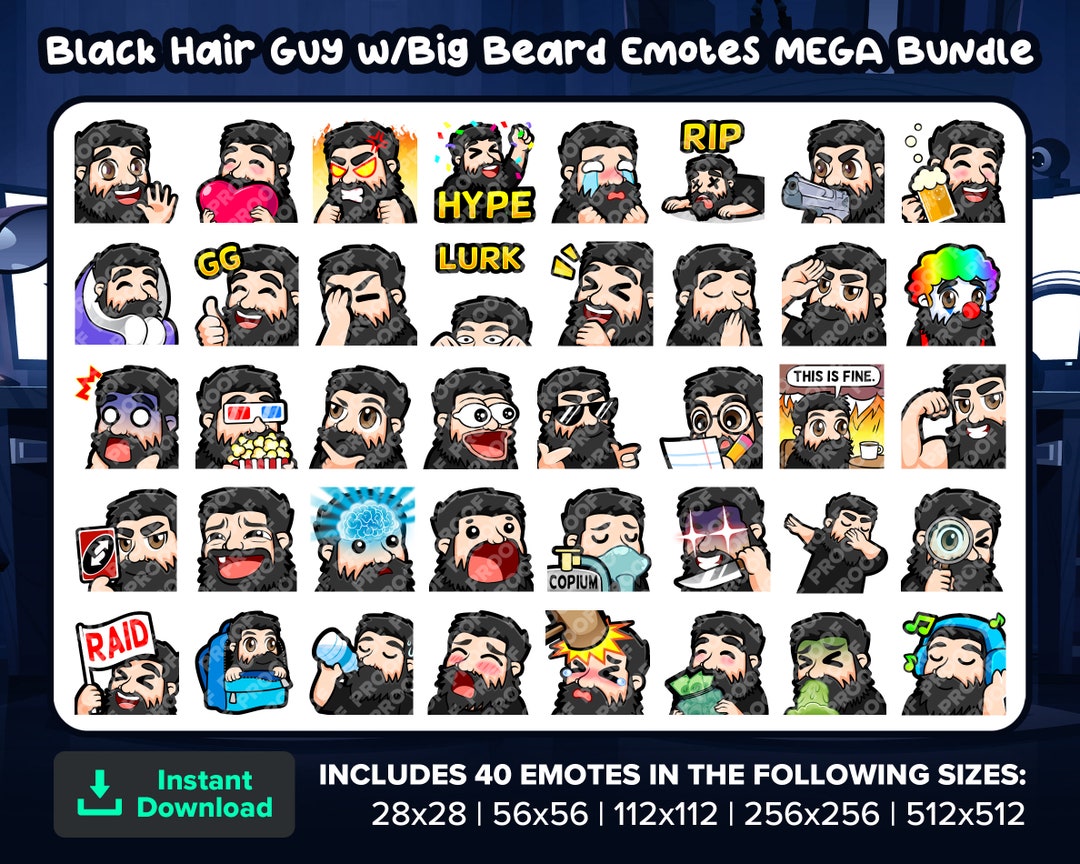 Black Hair Guy With Big Beard Twitch Emotes MEGA Bundle for Streaming ...