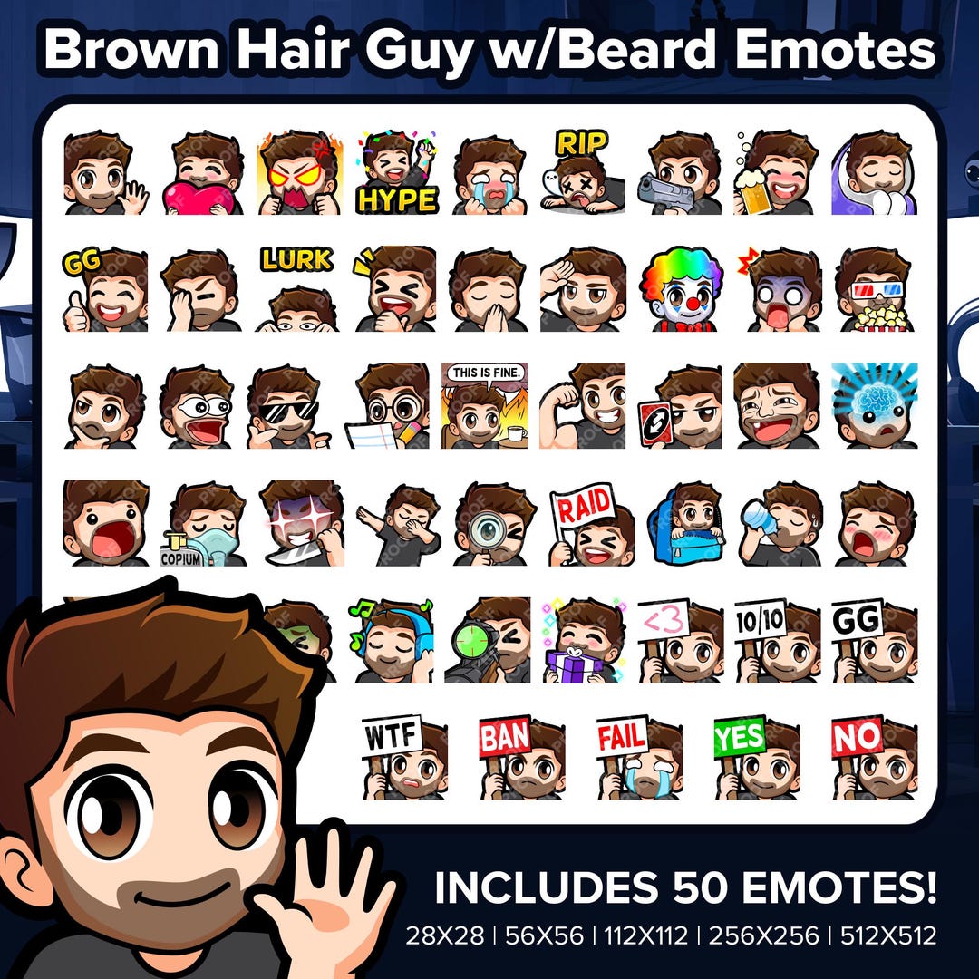Brown Hair Guy With Beard Twitch Emotes MEGA Bundle for Streaming ...