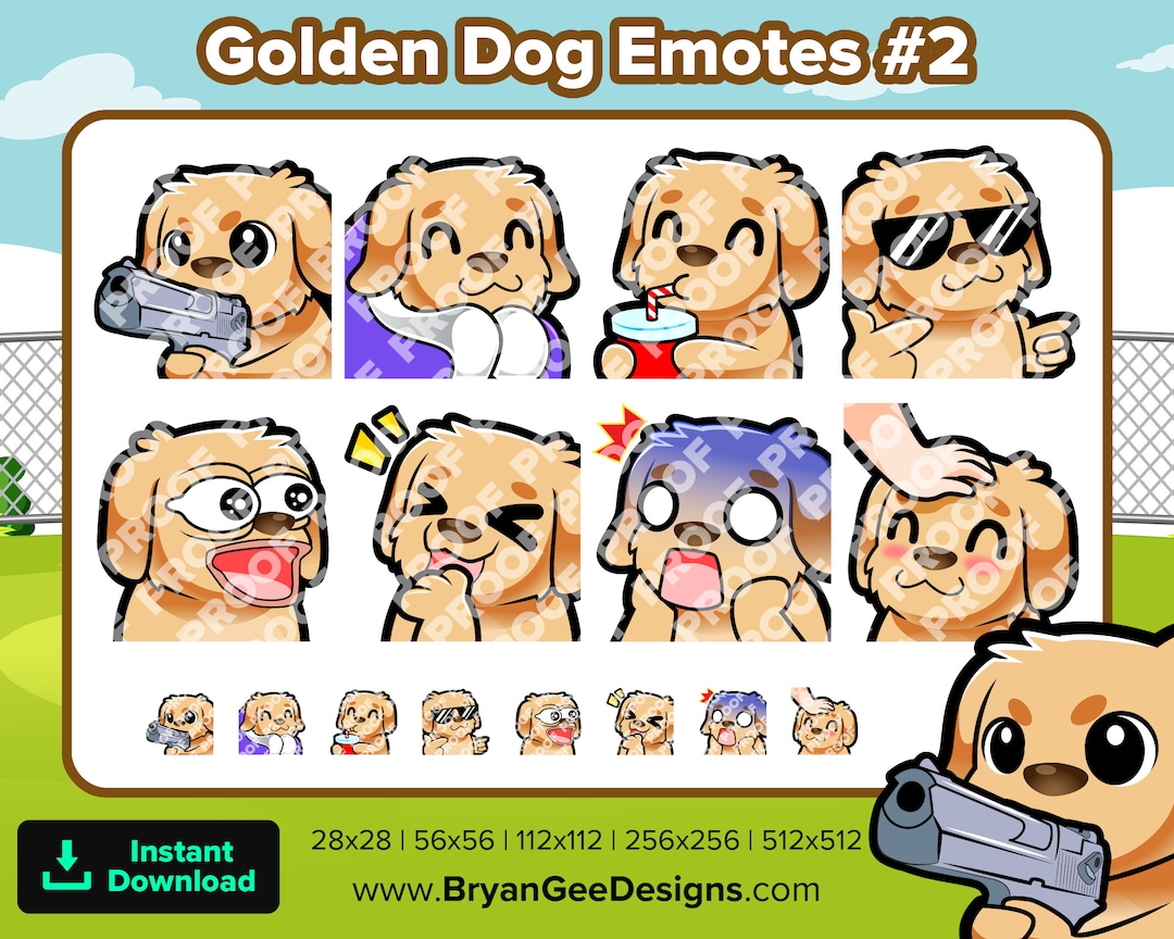 Golden Dog Twitch Emotes Gun Cozy SIP Cool POG LUL Scared Head Pat for ...