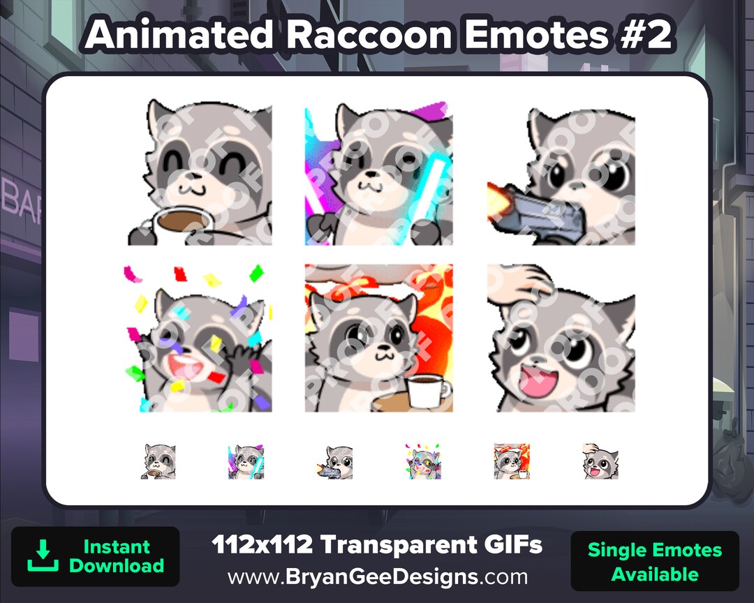 Animated Raccoon Twitch Emotes Sip Rave Dance Gun Hype Party This is ...