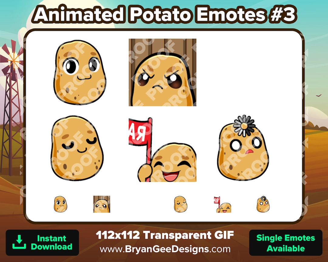 Animated Potato Twitch Emotes Big Eyes, Leave, Lurk, Nodders, RAID ...