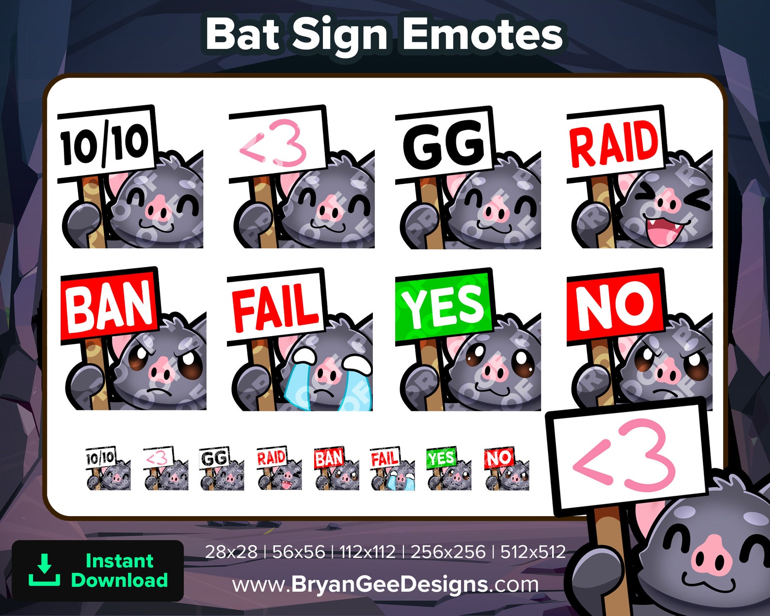 Bat Twitch Emotes Heart Sign 10 Sign GG Sign Raid Sign Ban - Etsy