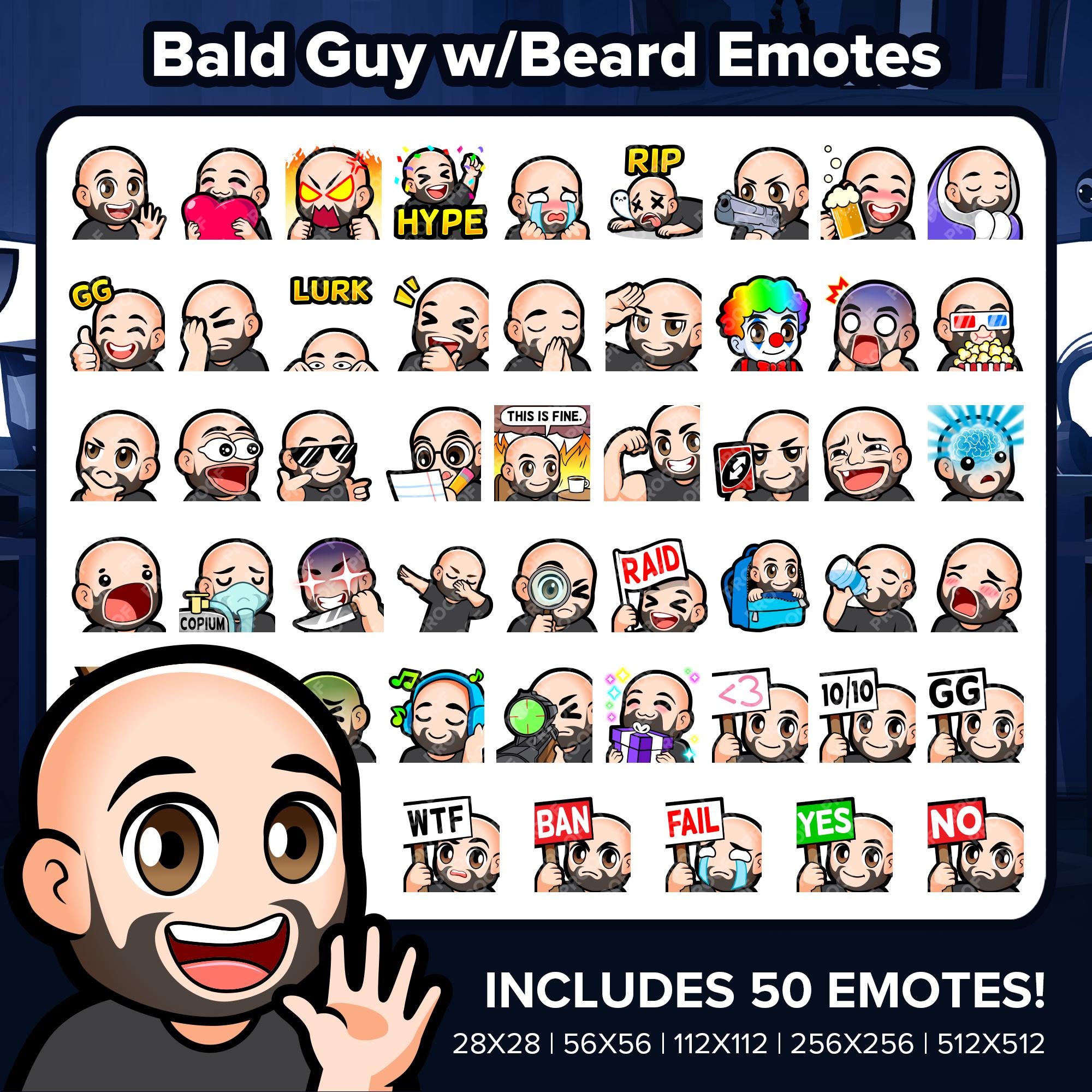 Bald Guy With Beard Twitch Emotes MEGA Bundle for Streaming, Youtube ...