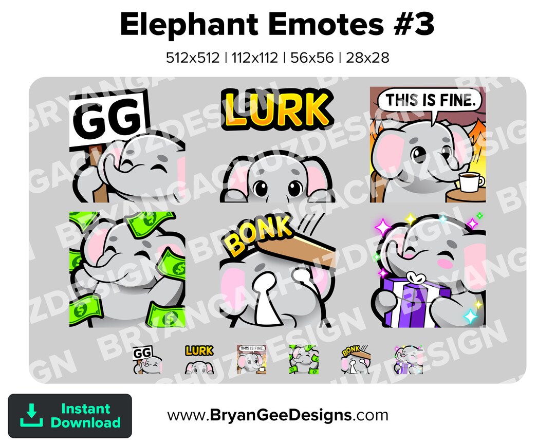 Elephant Twitch Emotes GG Lurk This is Fine Dono Hit Gift Gifted Sub ...