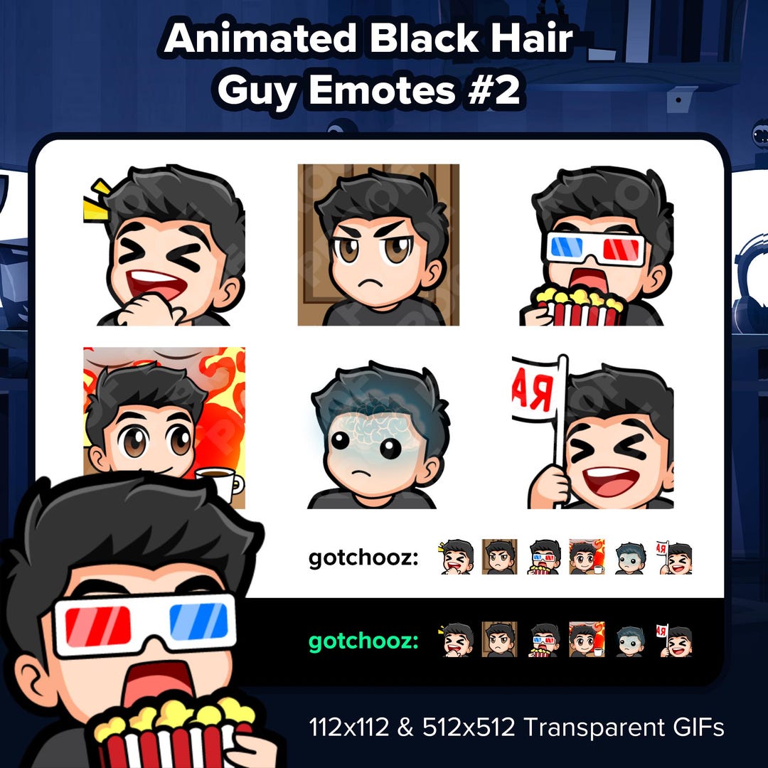 Animated Black Hair Guy Twitch Emotes Laughing, Leave, Popcorn, This is ...