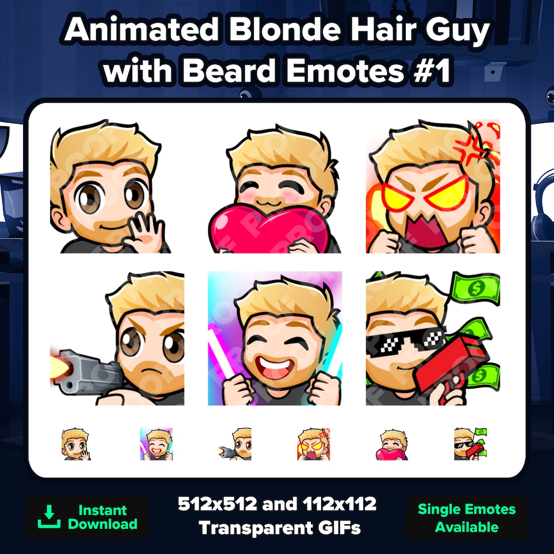 Animated Blonde Hair Guy With Beard Twitch Emotes Wave Love Rage Money ...