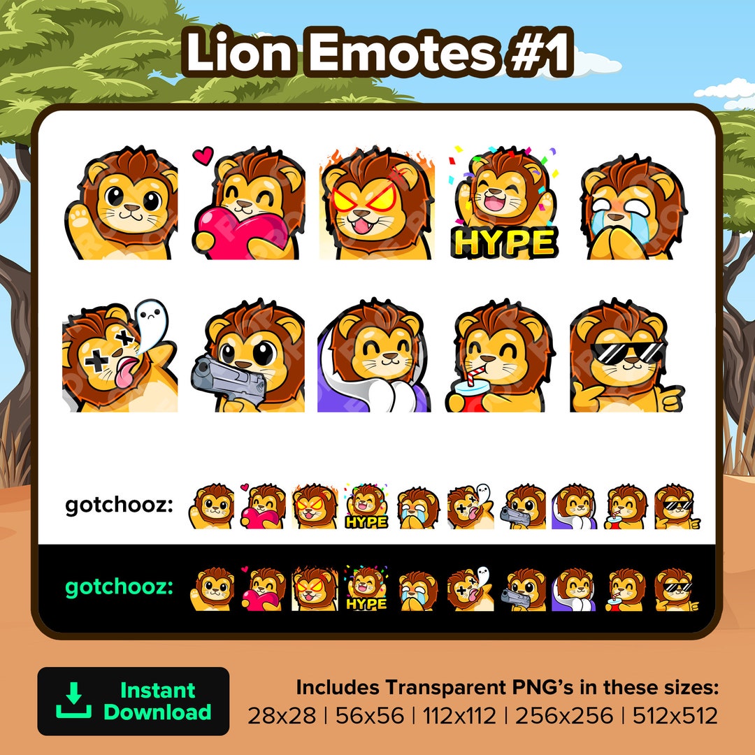 Lion Twitch Emotes Wave Love Heart Rage Angry HYPE Sad Cry RIP Gun Cozy ...