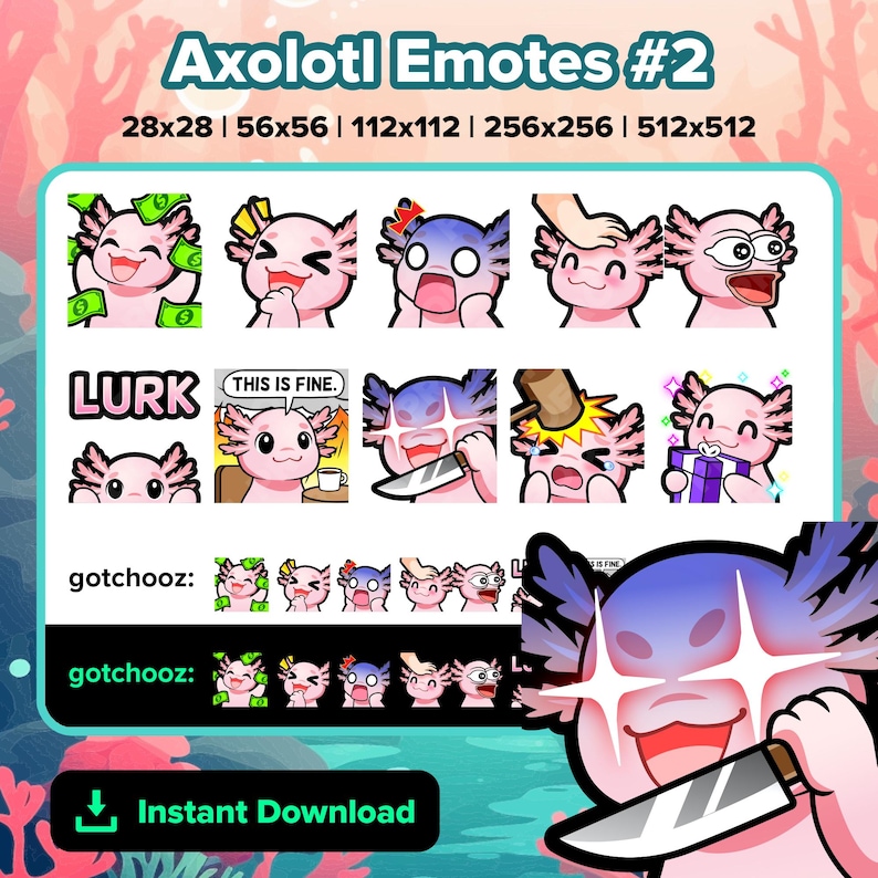 Axolotl Twitch Emotes Dono Laughing Scared Head Pat POG Lurk This is ...